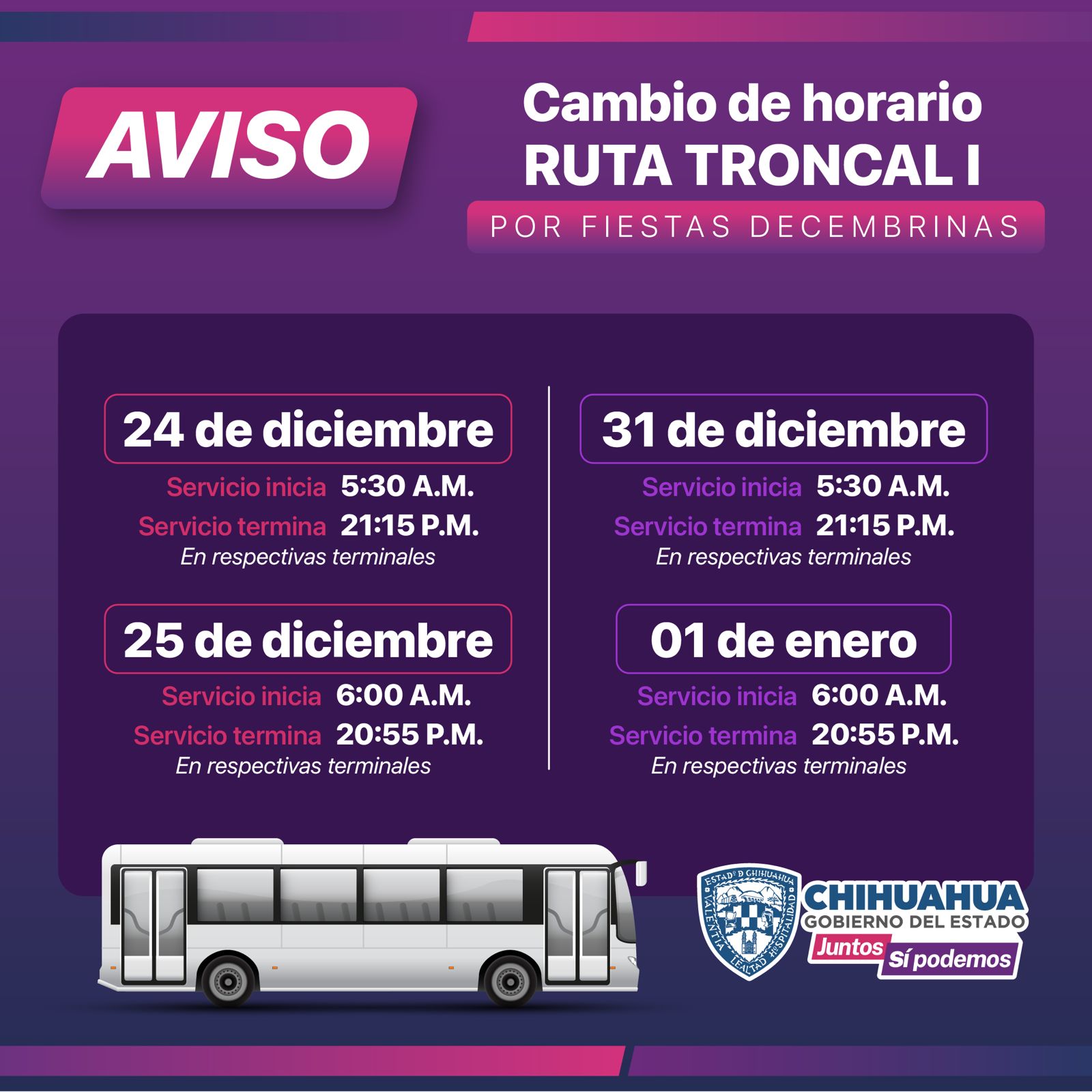 Anuncian cambios en horarios de ruta troncal 1 por fiestas decembrinas ... Anuncian cambios en horarios de ruta troncal 1 por fiestas decembrinas ...